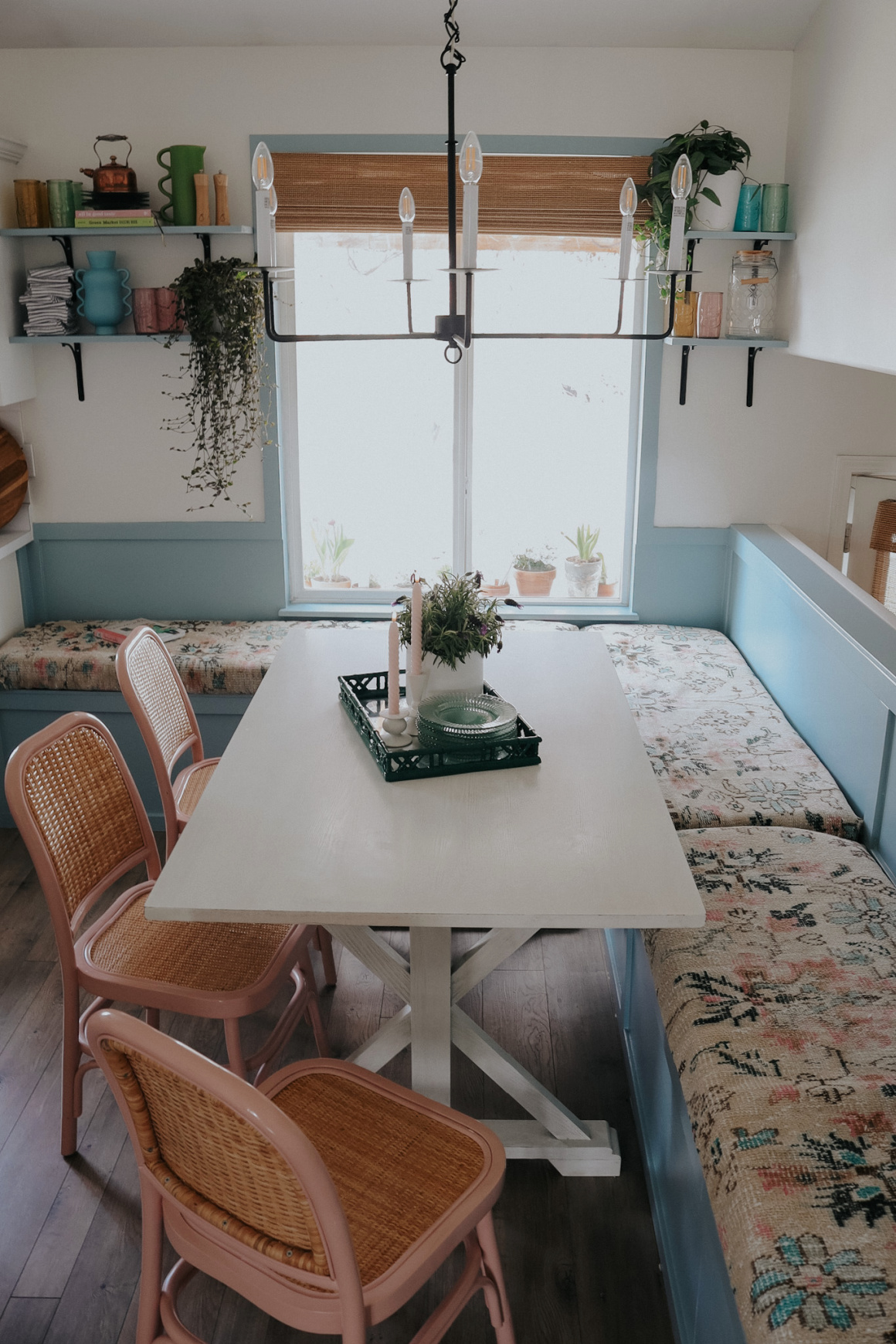 Banquette Seating and Open Shelves Painted Blue - Nesting With Grace