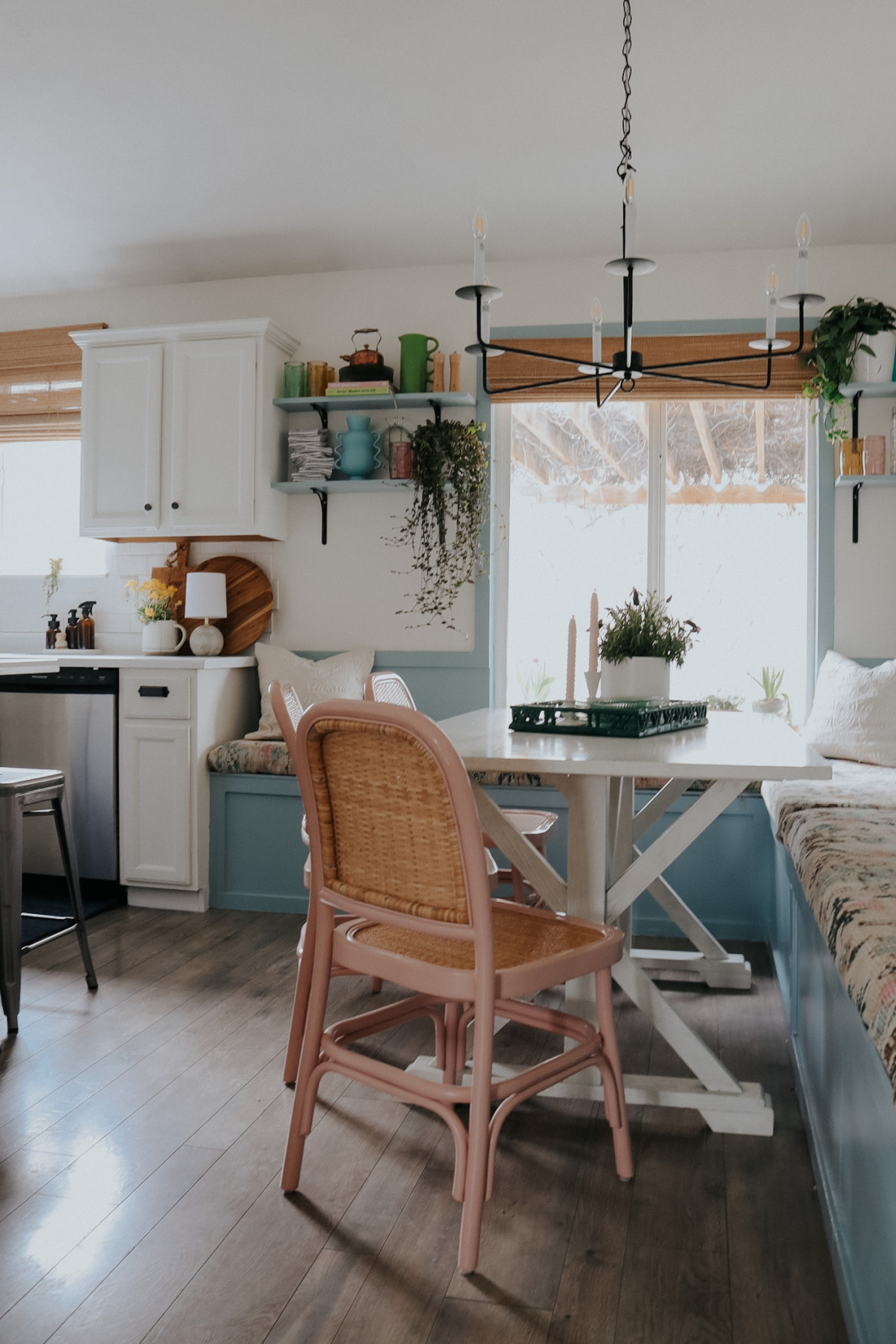 Banquette Seating and Open Shelves Painted Blue - Nesting With Grace