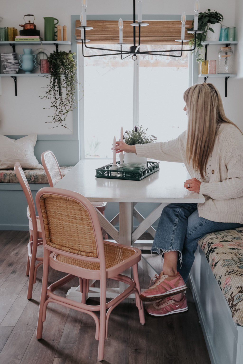 Banquette Seating and Open Shelves Painted Blue - Nesting With Grace