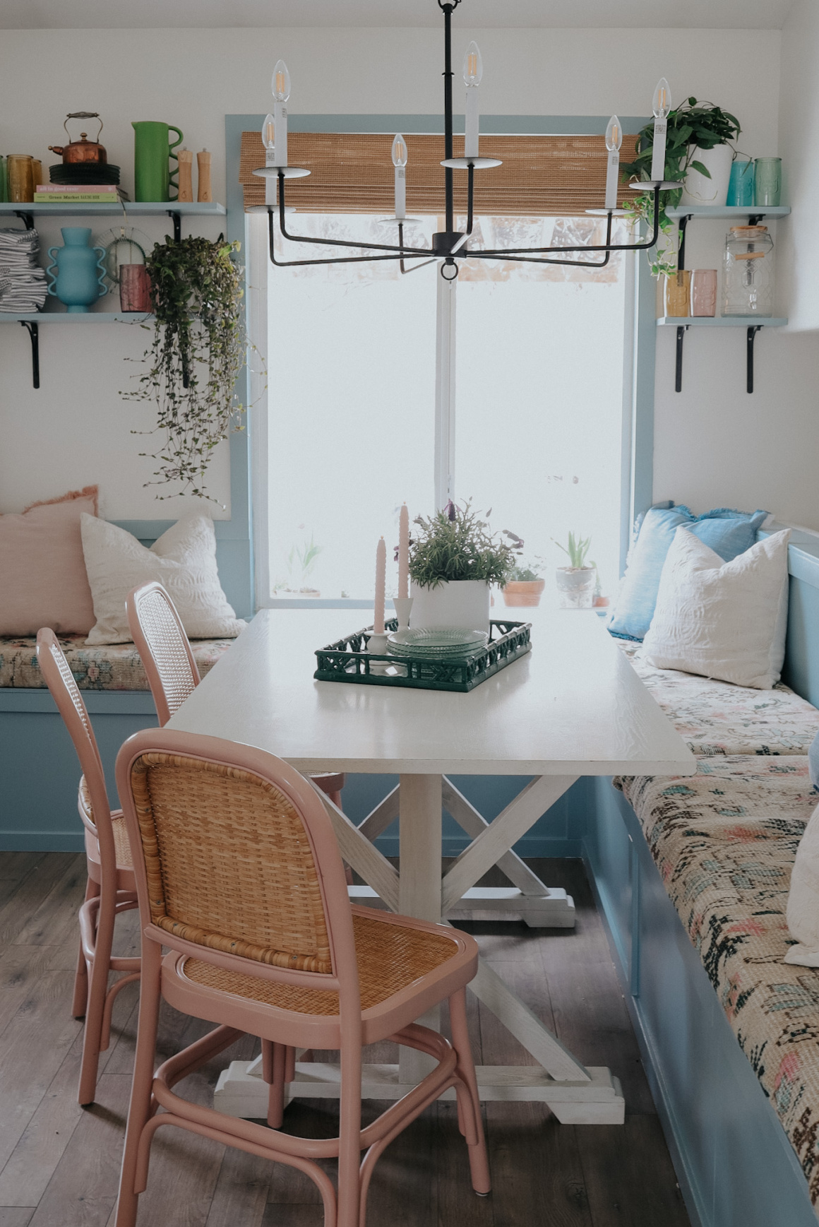 Banquette Seating and Open Shelves Painted Blue - Nesting With Grace