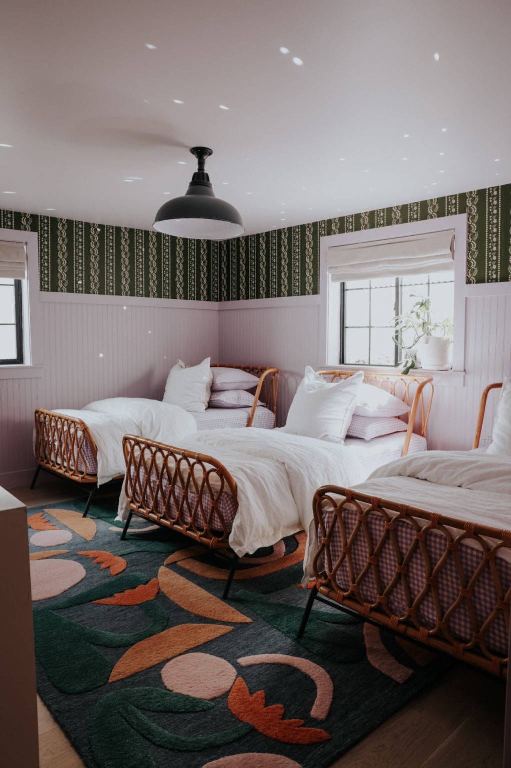 Triplet Guest Room- Purple Walls and Green Wallpaper- Cozy Cottage ...