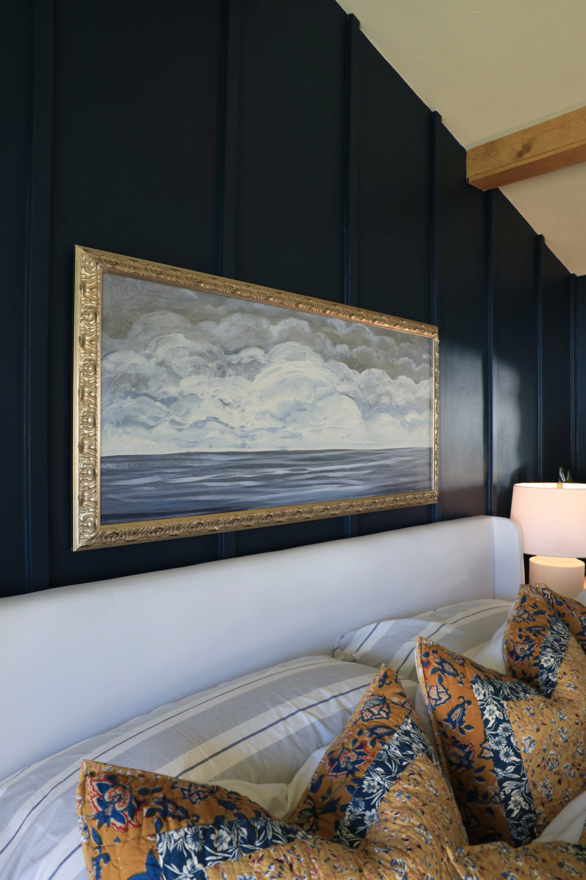 Stacy's Bedroom Makeover- Navy Walls, Bay Window and Beams - Nesting ...
