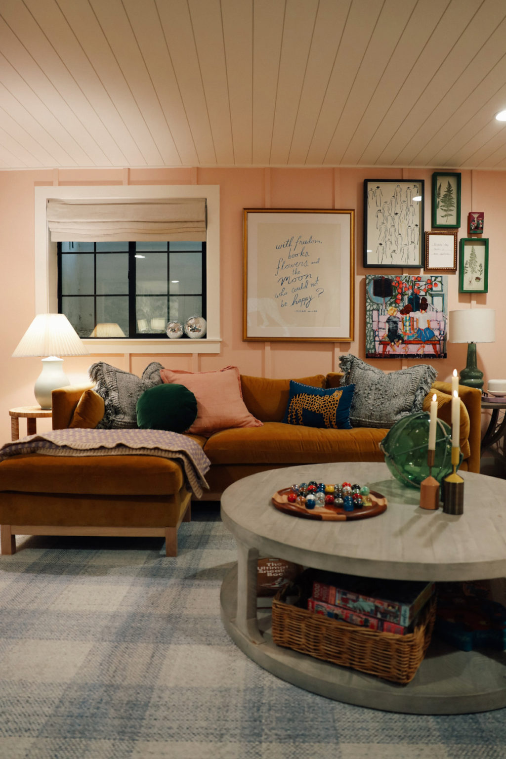 Basement Pink Walls, Painted Blue Doors, and Decorative Vent Cover ...