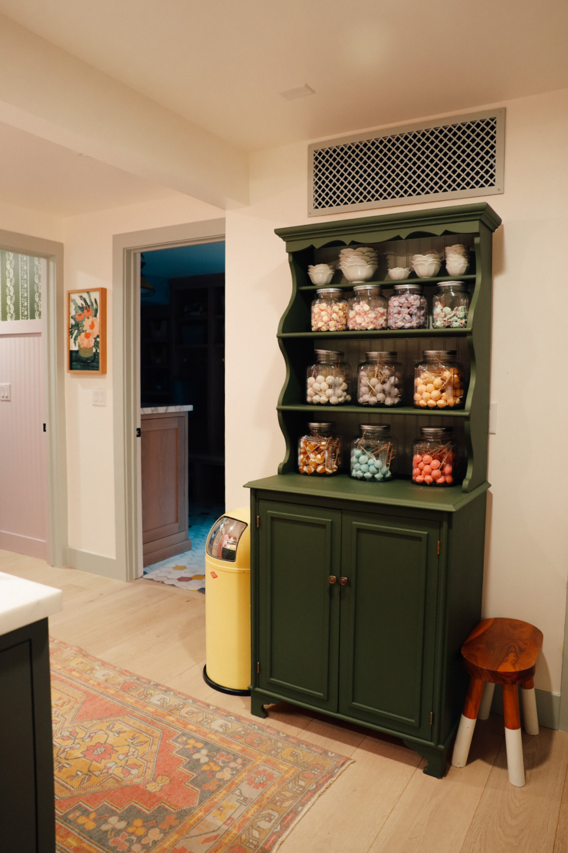 Basement Pink Walls, Painted Blue Doors, and Decorative Vent Cover ...
