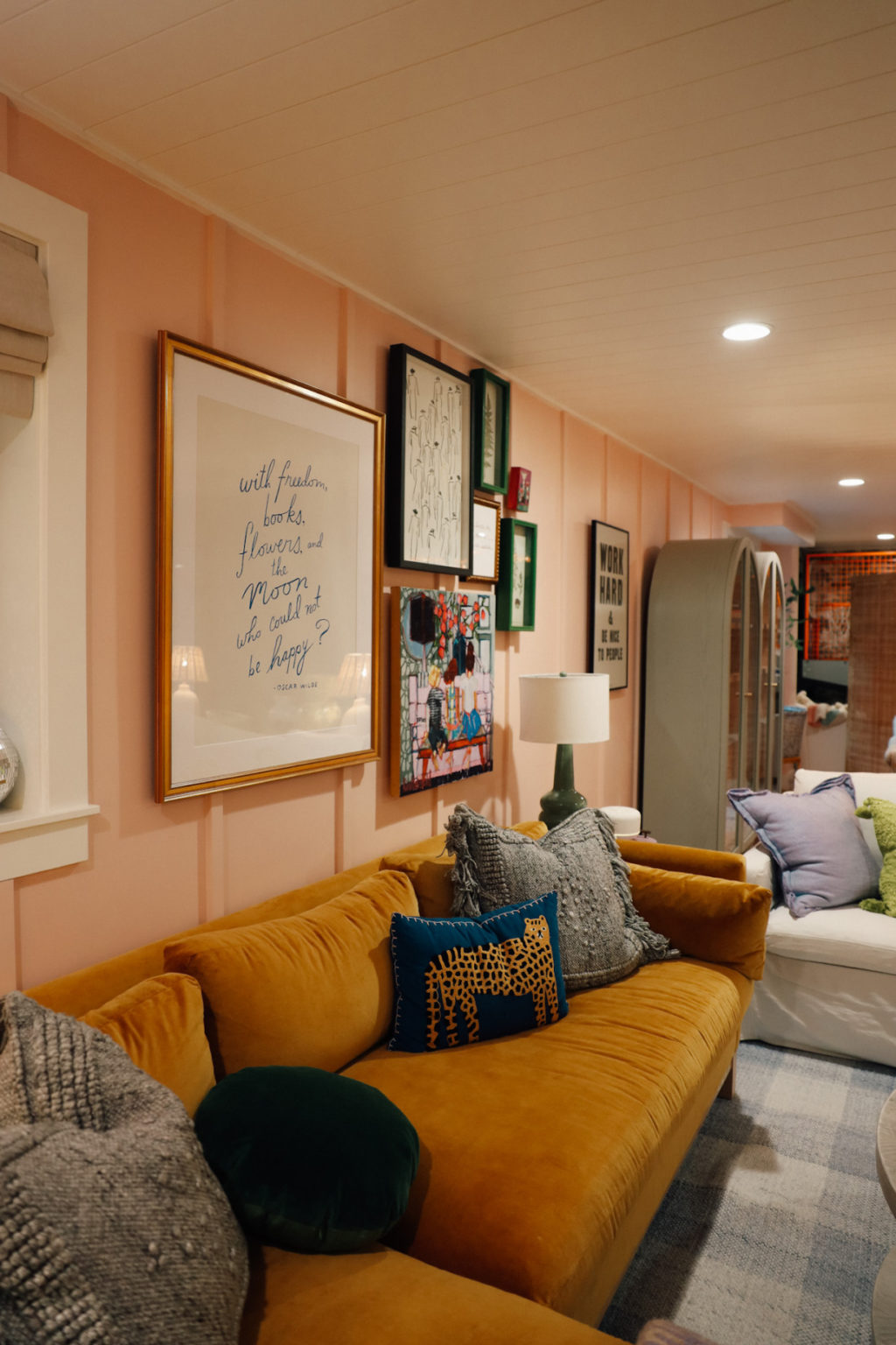 Basement Pink Walls, Painted Blue Doors, and Decorative Vent Cover ...
