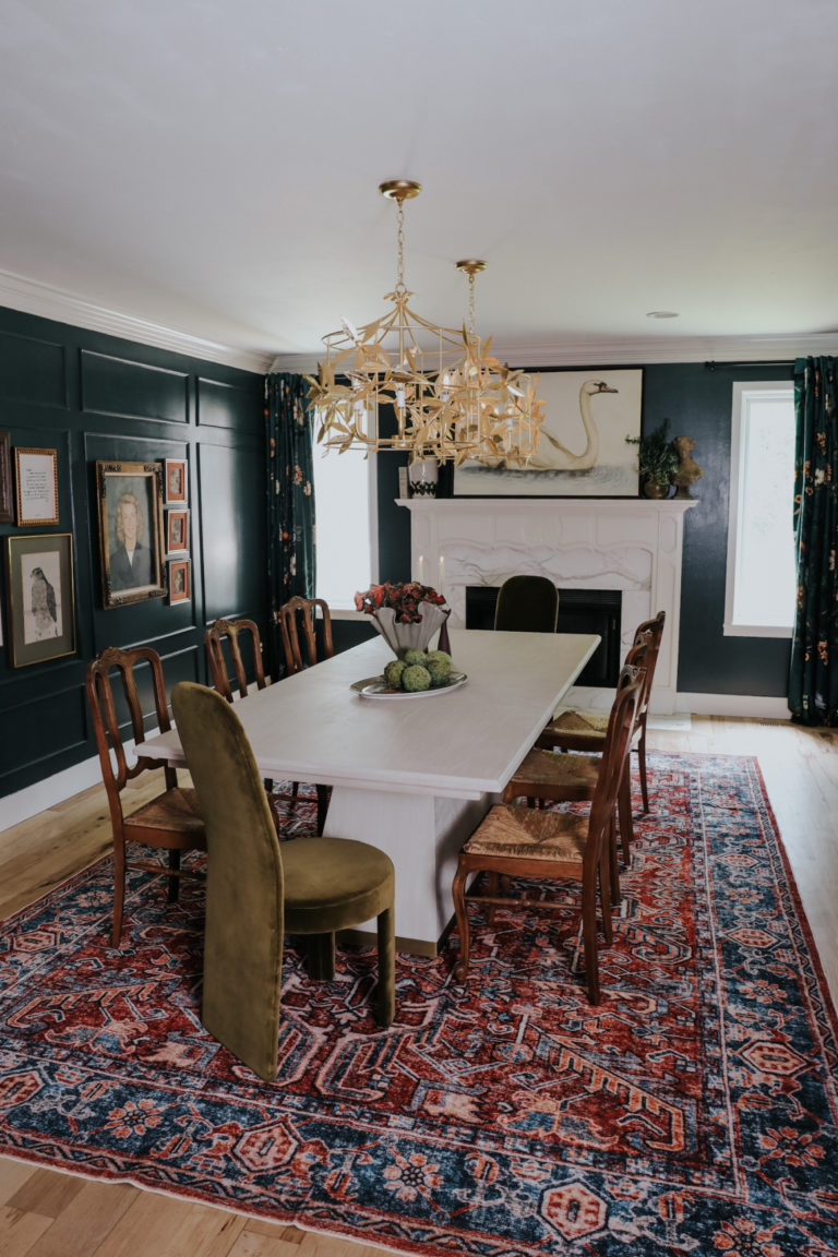 Dining Room with Box Trim Molding and Dark Moody Paint - Nesting With Grace