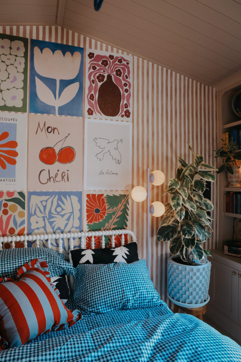 Ella Bedroom with Stripe Wallpaper, Shiplap Dormer Ceiling and Poster ...